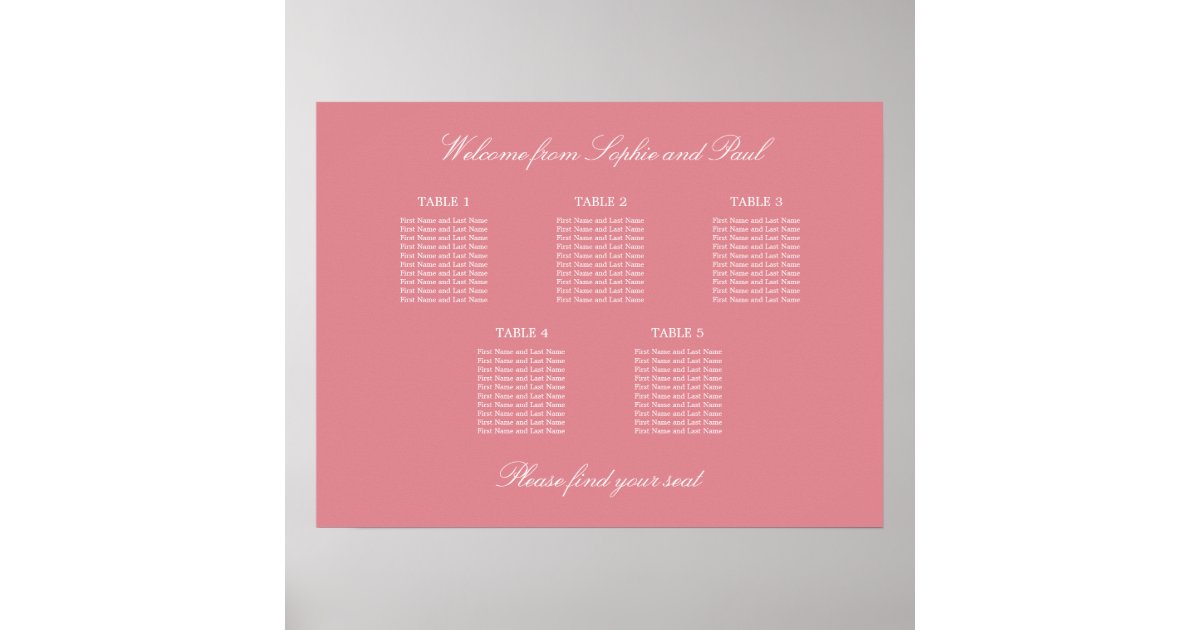 Blush Pink 5 Table Wedding Seating Chart Poster | Zazzle