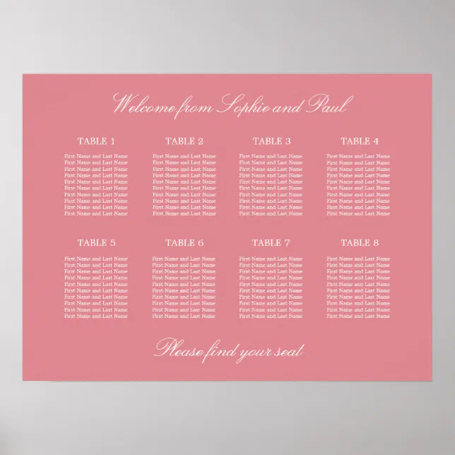 Blush Pink 8 Table Wedding Seating Chart Poster | Zazzle