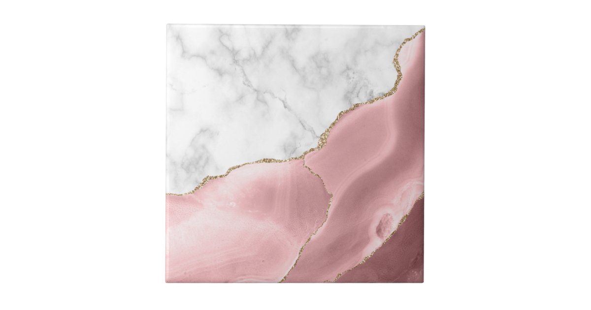 Blush Pink Agate Gold Glitter White Marble Ceramic Tile | Zazzle