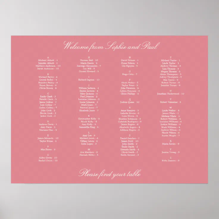 Blush Pink Alphabetical Seating Chart Poster | Zazzle