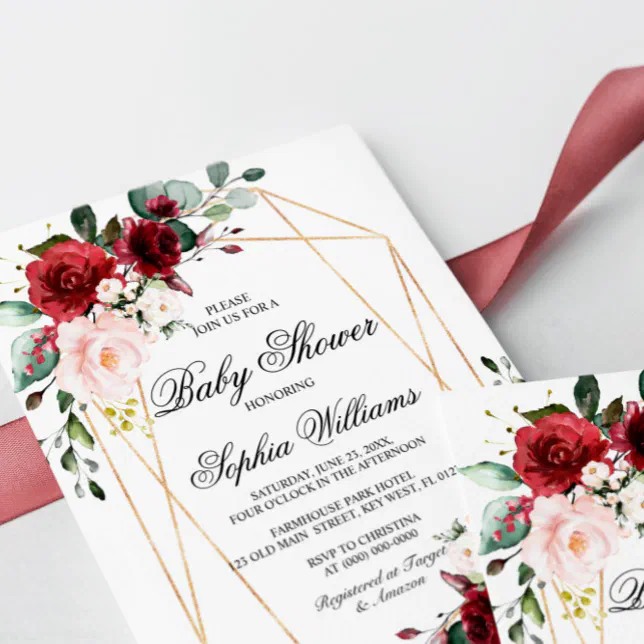 Blush Pink and Burgundy Rose Baby Shower Invitation | Zazzle