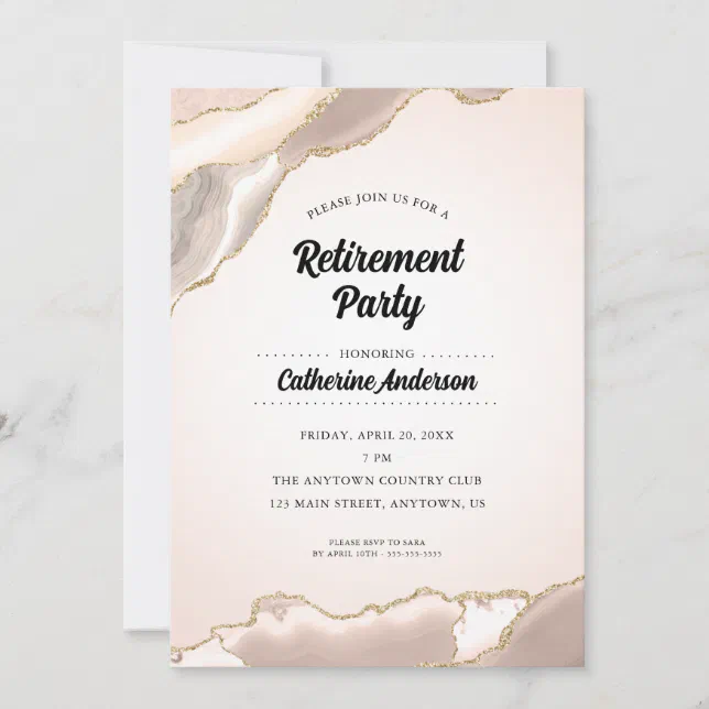 Blush Pink and Gold Agate Elegant Retirement Party Invitation | Zazzle
