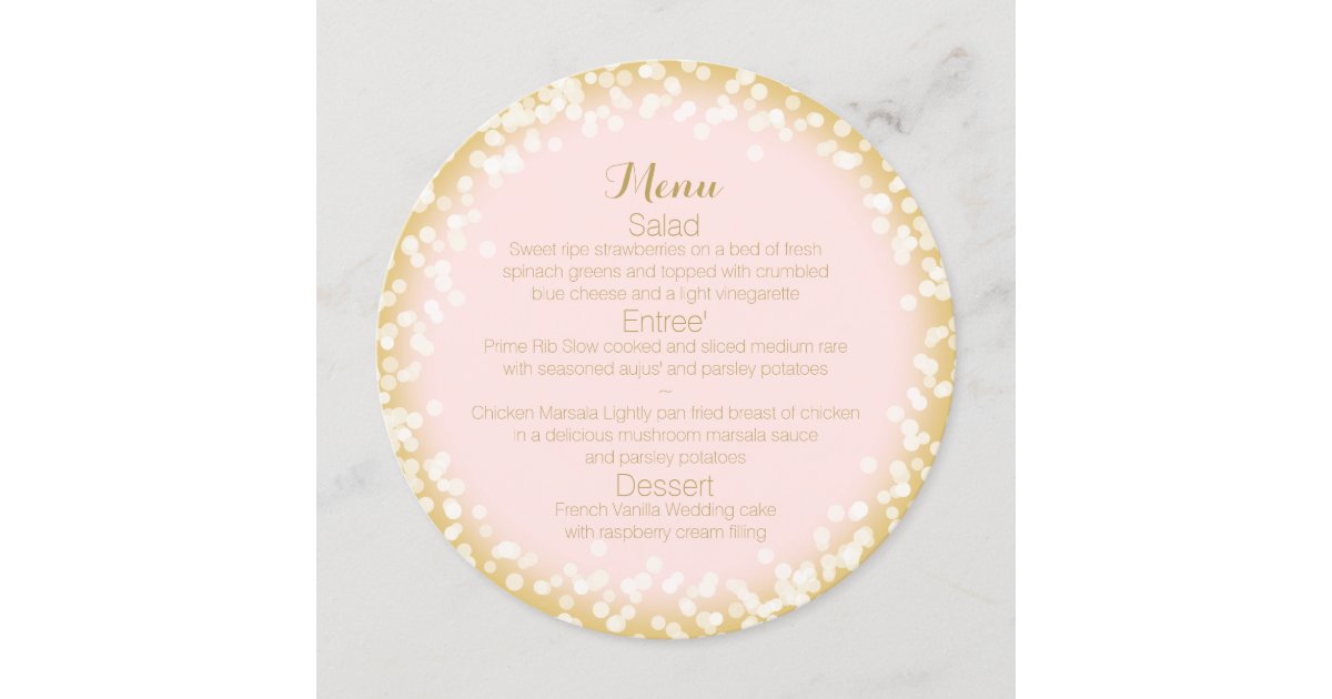 Blush Pink and Gold Sparkle Round Menu | Zazzle
