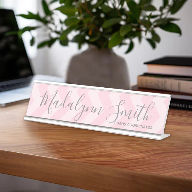 Blush Pink and Gray Chevron Pattern with Big Name Desk Name Plate | Zazzle