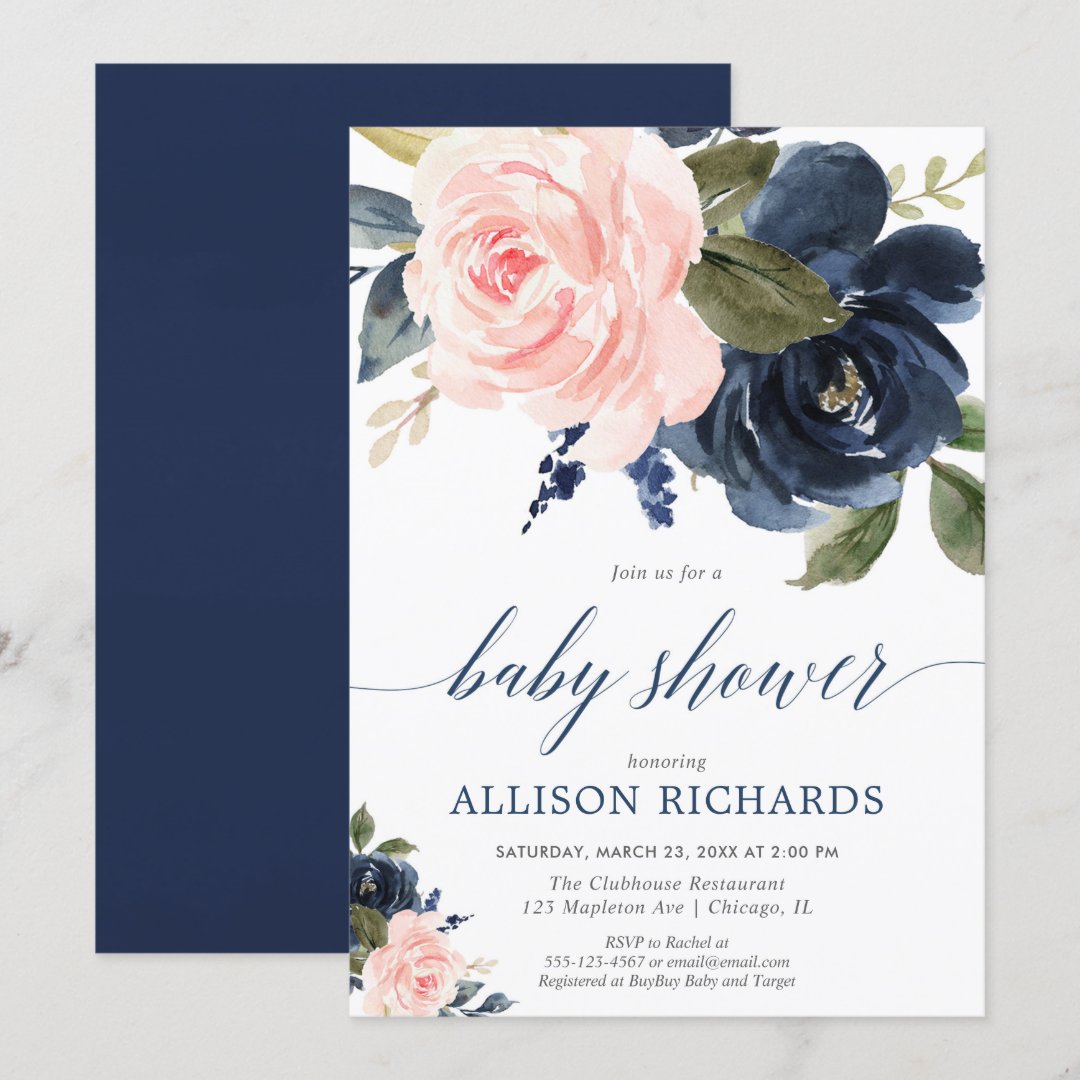 Blush pink and navy blue floral girl baby shower invitation | Zazzle