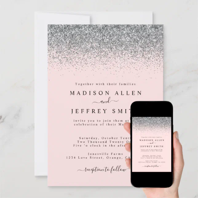 Blush Pink and Silver Glitter Wedding Invitation | Zazzle