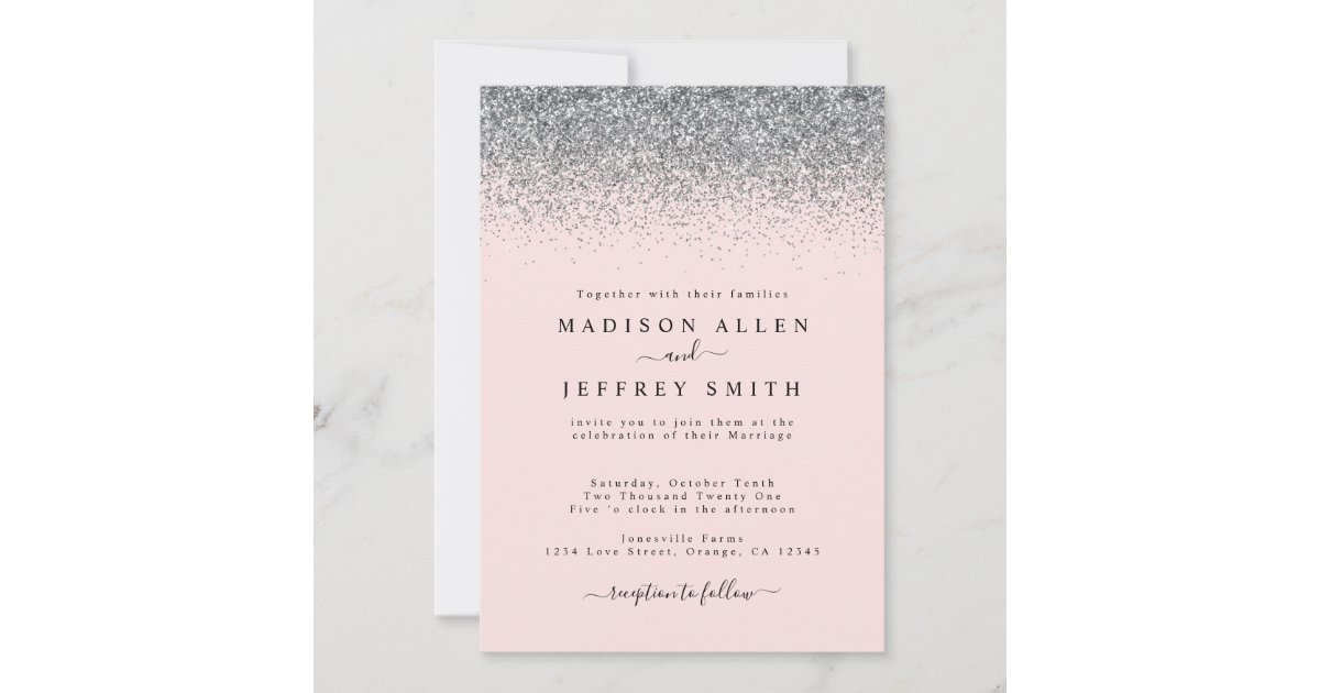 Blush Pink and Silver Glitter Wedding Invitation | Zazzle