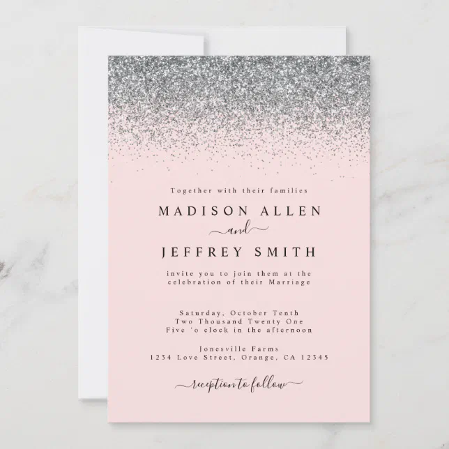 Blush Pink and Silver Glitter Wedding Invitation | Zazzle