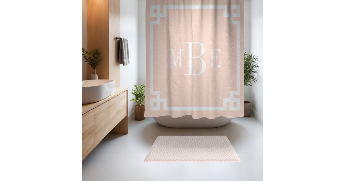 Blush Pink and White Greek Key | Monogrammed Shower Curtain | Zazzle