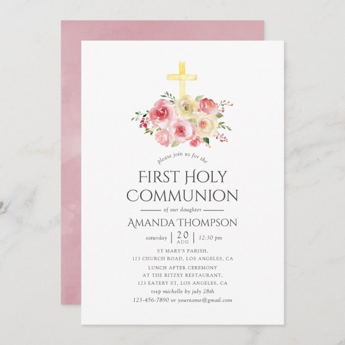 Blush Pink and Yellow Floral First Holy Communion Invitation | Zazzle.com