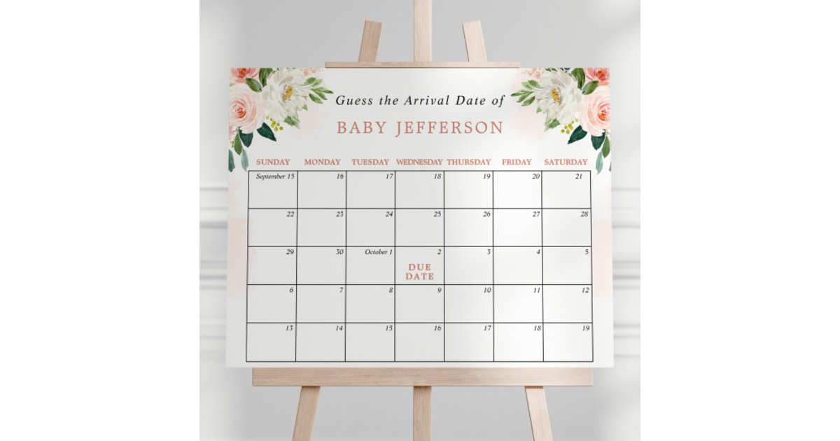 Blush Pink Baby Shower Guess Due Date Calendar Poster | Zazzle