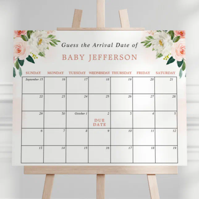 Blush Pink Baby Shower Guess Due Date Calendar Poster | Zazzle