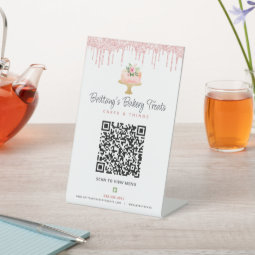 Blush Pink Bakery QR Code Scan Menu Cake Glitter Pedestal Sign | Zazzle
