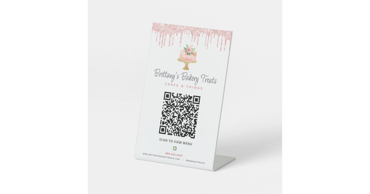 Blush Pink Bakery QR Code Scan Menu Cake Glitter Pedestal Sign | Zazzle