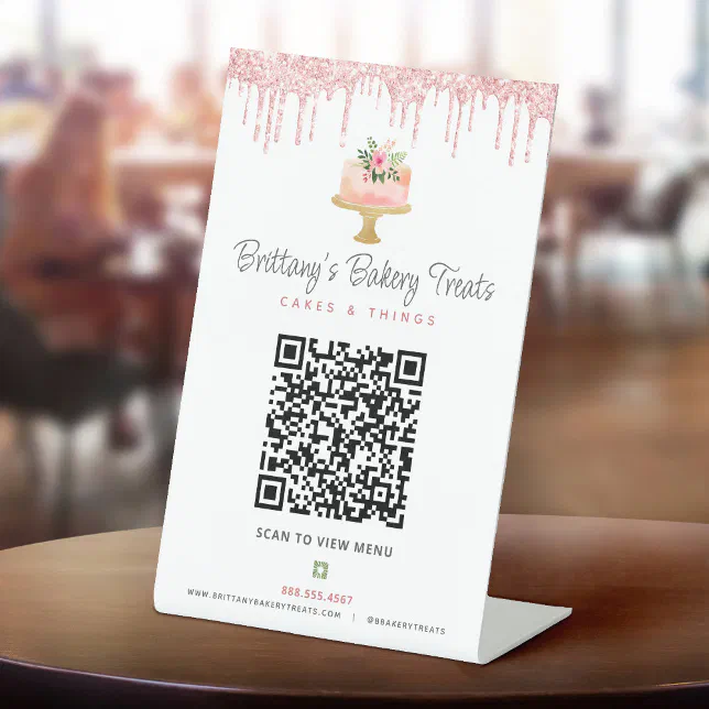 Blush Pink Bakery QR Code Scan Menu Cake Glitter Pedestal Sign | Zazzle