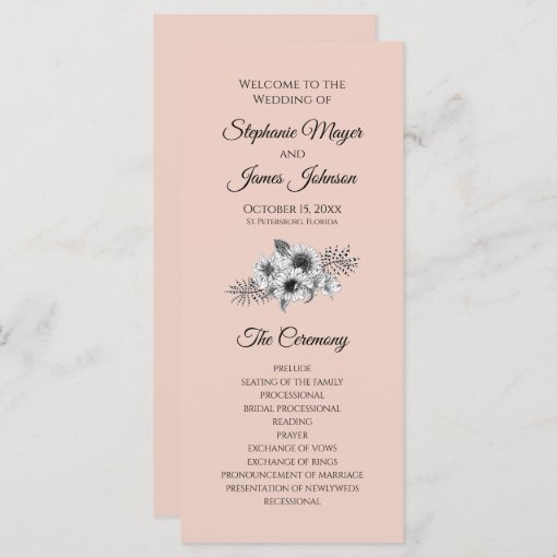 Blush Pink Black and White Floral Wedding Ceremony Program | Zazzle