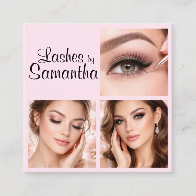 Blush Pink Black Script 3 Photo Logo Makeup Square Business Card | Zazzle