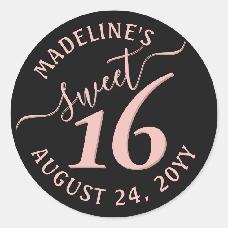 Blush Pink Black Sweet 16th Birthday Party Favor Classic Round Sticker ...