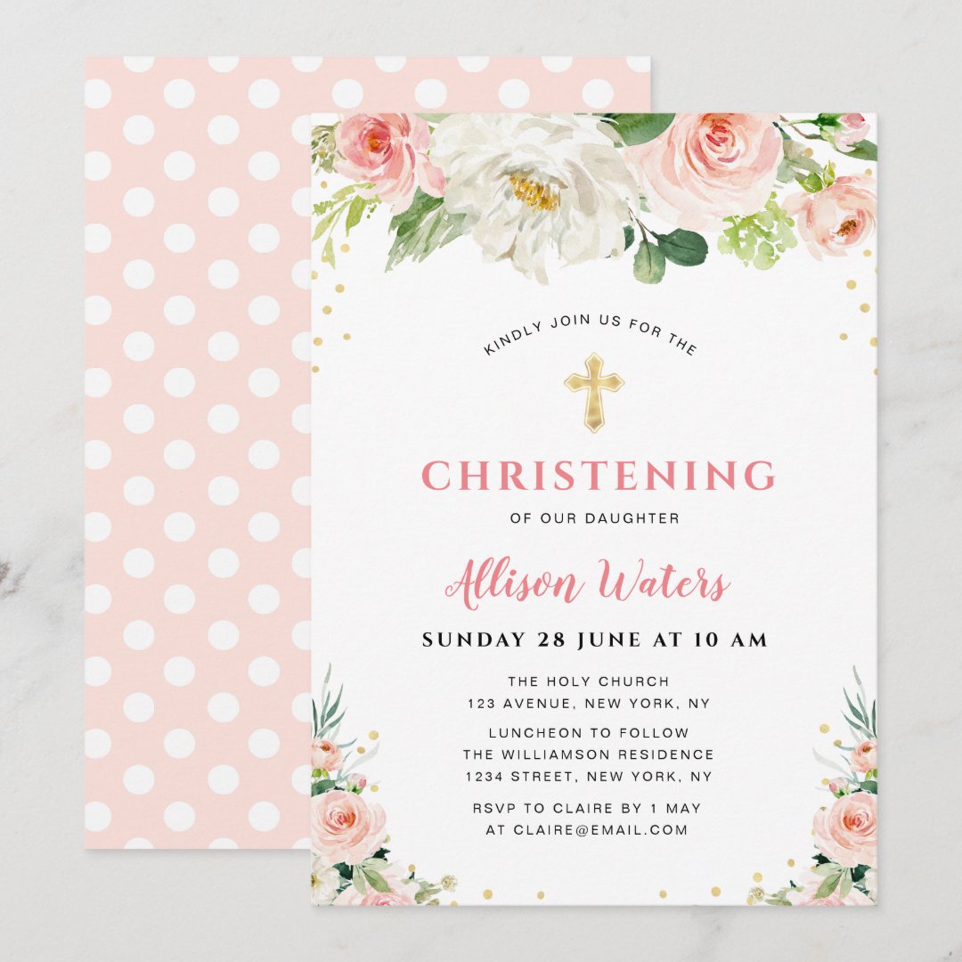 blush pink blooms Christening invitation | Zazzle