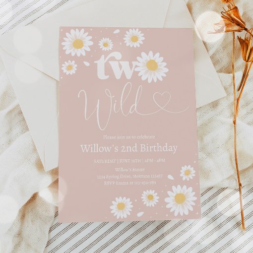 Blush Pink Boho Daisy Two Wild 2nd Birthday Party Invitation | Zazzle