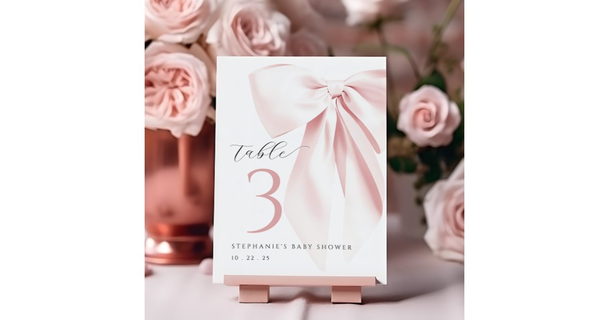 Blush Pink Bow Baby Shower Table Number | Zazzle