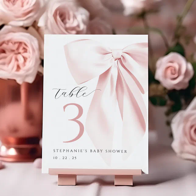 Blush Pink Bow Baby Shower Table Number | Zazzle