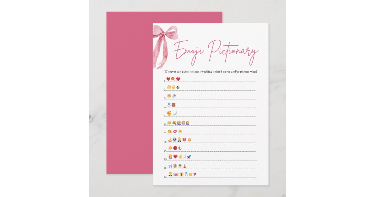 Blush Pink Bow Bridal Shower Emoji Pictionary Game Invitation | Zazzle