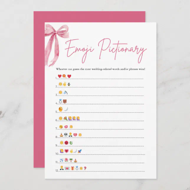 Blush Pink Bow Bridal Shower Emoji Pictionary Game Invitation | Zazzle