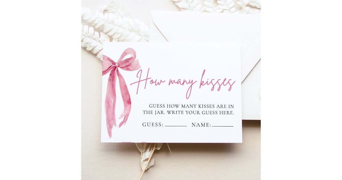 Blush Pink Bow Guess How Many Kisses Game Enclosure Card | Zazzle