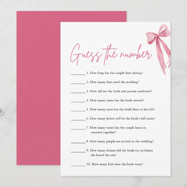 Blush Pink Bow Guess the Number Bridal Shower Game Invitation | Zazzle