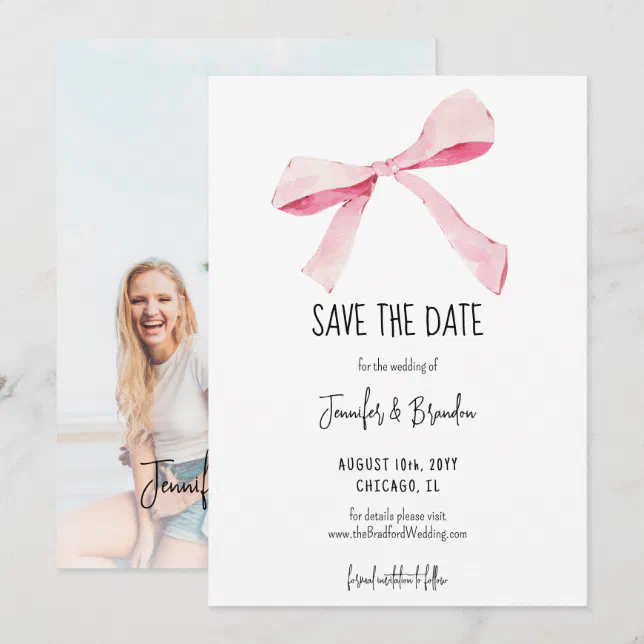 Blush Pink Bow Save the Date Photo Invitation | Zazzle