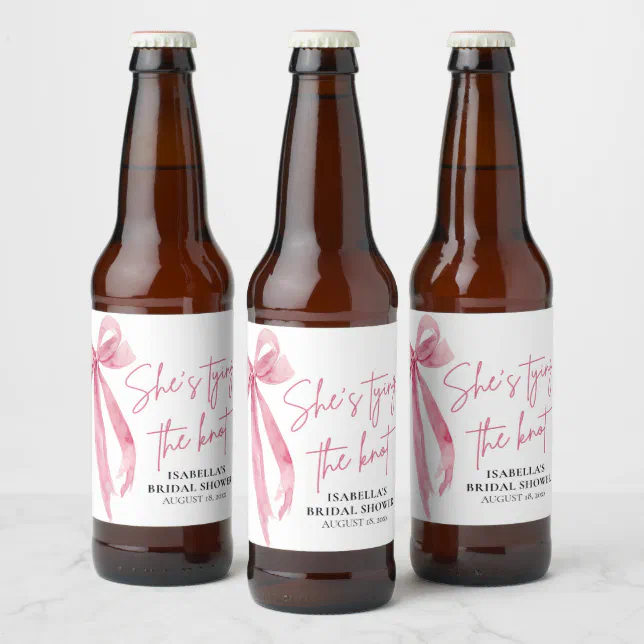 Blush Pink Bow She's Tying the Knot Bridal Shower Beer Bottle Label ...