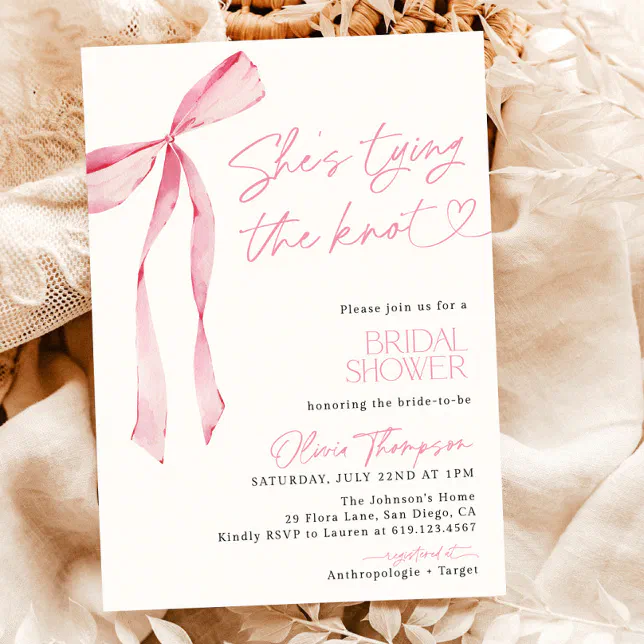 Blush Pink Bow She's Tying the Knot Bridal Shower Invitation | Zazzle