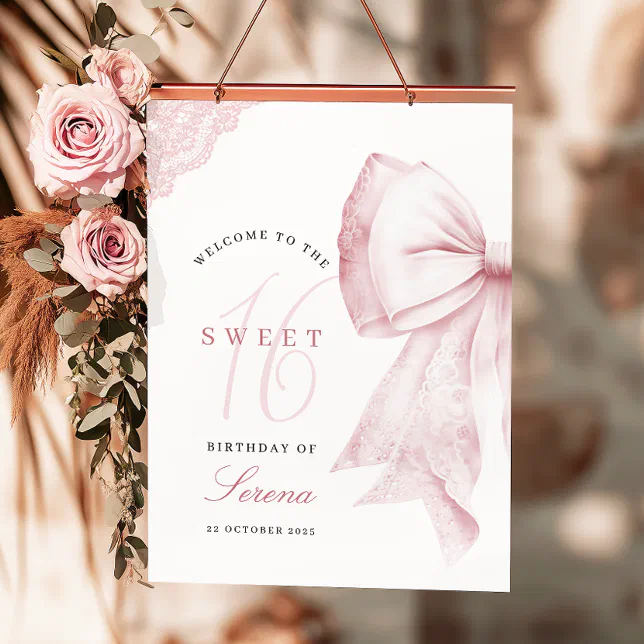 Blush Pink Bow Sweet 16 Birthday Poster | Zazzle