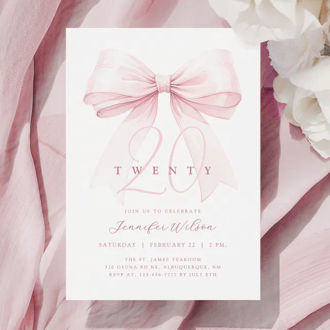 Blush Pink Bow Twenty Birthday Invitation | Zazzle