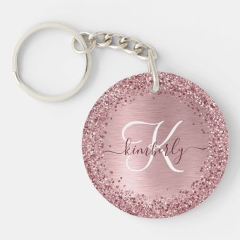 Blush Pink Brushed Metal Glitter Monogram Name Keychain | Zazzle