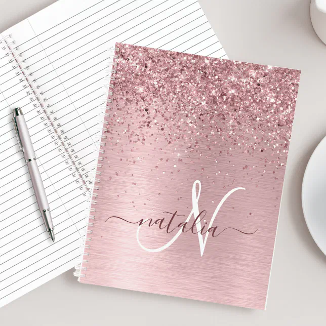 Blush Pink Brushed Metal Glitter Monogram Name Notebook | Zazzle