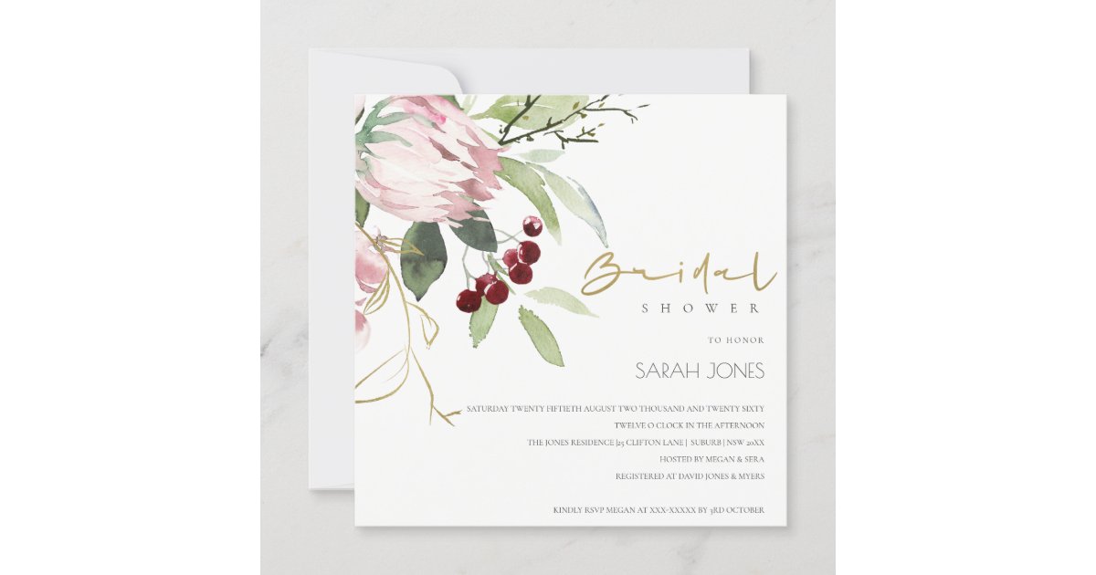 BLUSH PINK BURGUNDY PROTEA FLORAL BRIDAL SHOWER INVITATION | Zazzle
