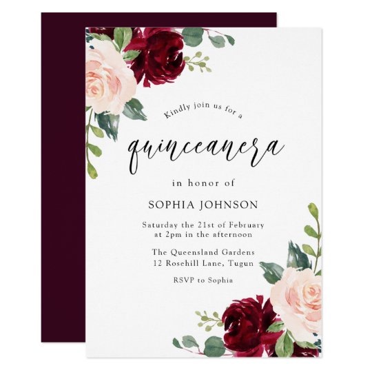 Blush Pink Burgundy Red Floral Quinceanera Party Invitation | Zazzle.com