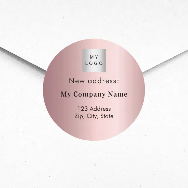 Blush pink business logo moved new address classic round sticker | Zazzle