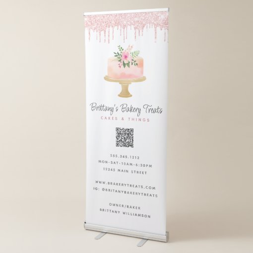 Blush Pink Cake Glitter Drips QR Code Bakery Café Retractable Banner ...