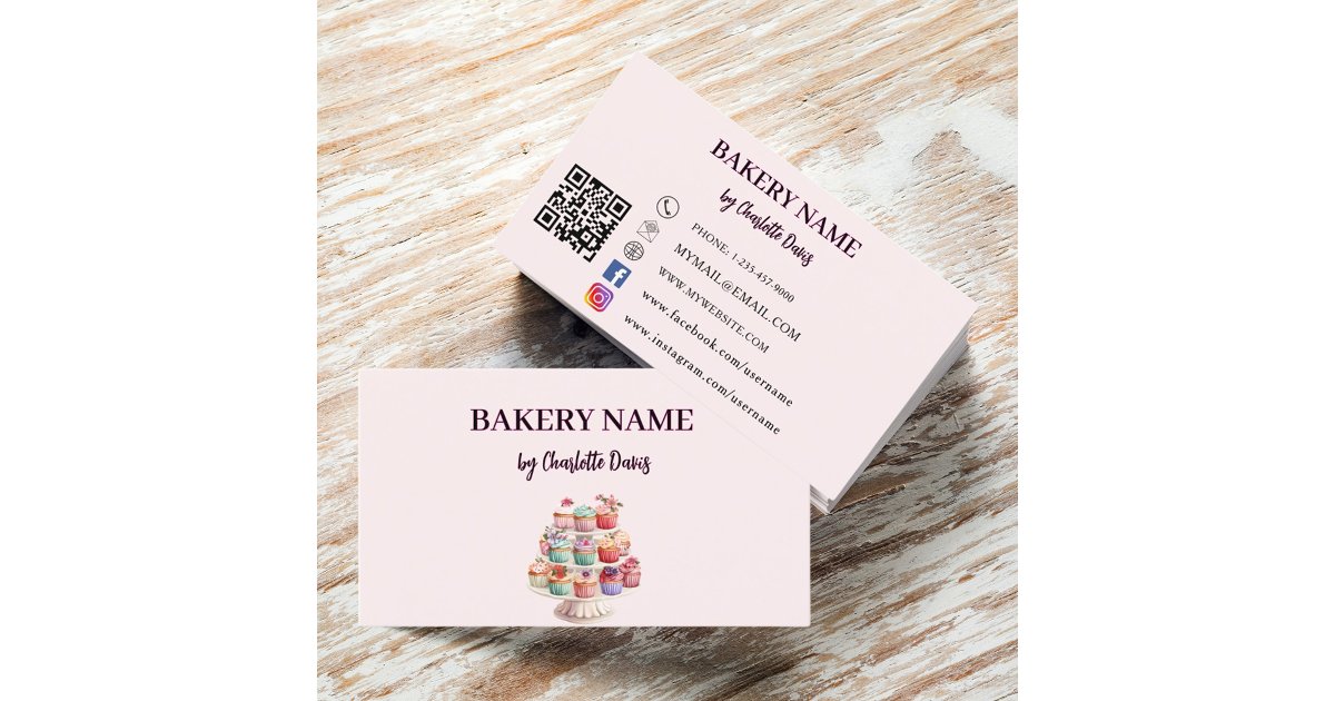Blush pink cake pastry cupcakes QR code Business Card | Zazzle