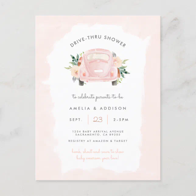 Blush Pink Car Girl Drive Through Baby Shower Invitation Postcard | Zazzle