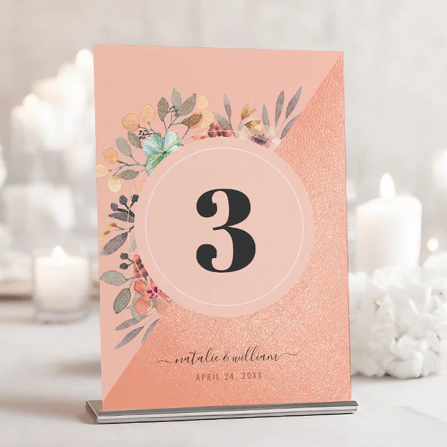 Blush Pink Copper Watercolor Floral Chic Wedding Table Number | Zazzle