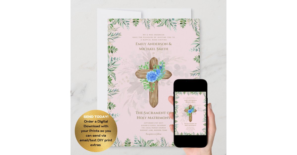 Blush Pink Cross Catholic Nuptial Mass Wedding Invitation | Zazzle
