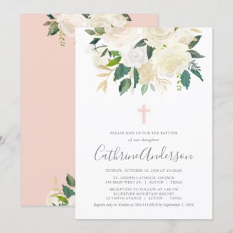Blush Pink Cross with Cream Florals, Girl Baptism Invitation | Zazzle