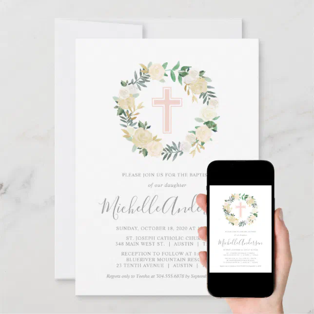 Blush Pink Cross with Cream Florals, Girl Baptism Invitation | Zazzle