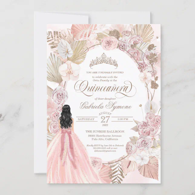 Blush Pink Dried Floral Rose Boho Quinceanera Invi Invitation | Zazzle