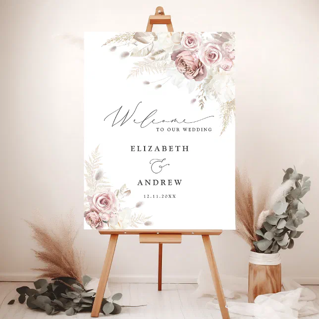 Blush Pink Dusty Rose Floral Wedding Welcome Foam Board | Zazzle