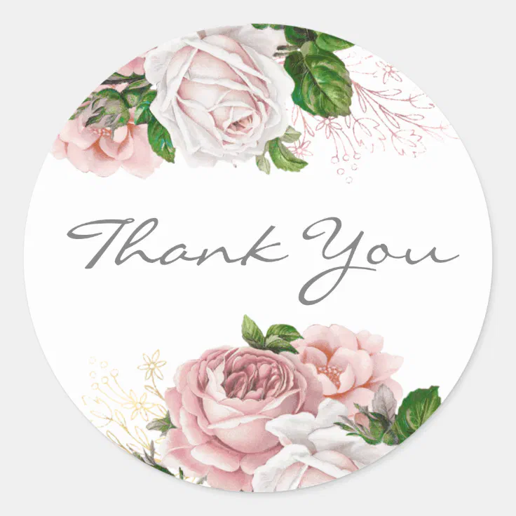 Blush Pink Dusty Rose Floral White Thank You Classic Round Sticker | Zazzle